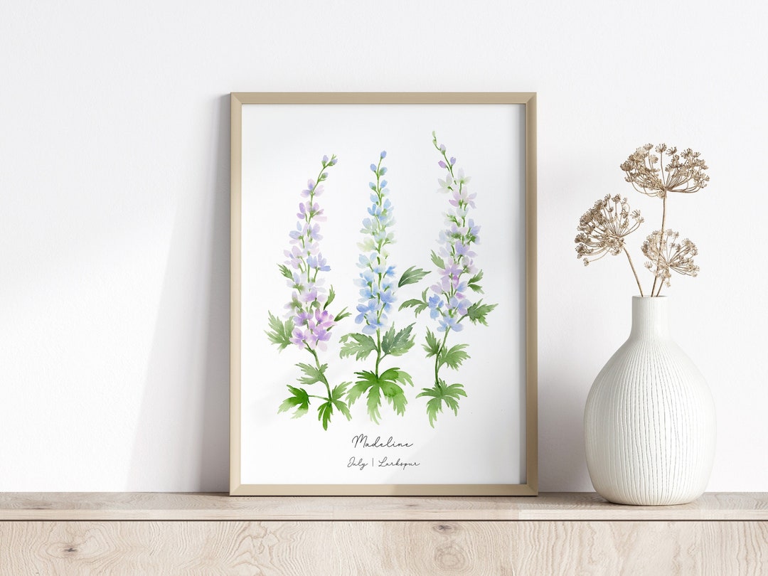 Personalized July Birth Flower Print, Watercolor Larkspur Print ...