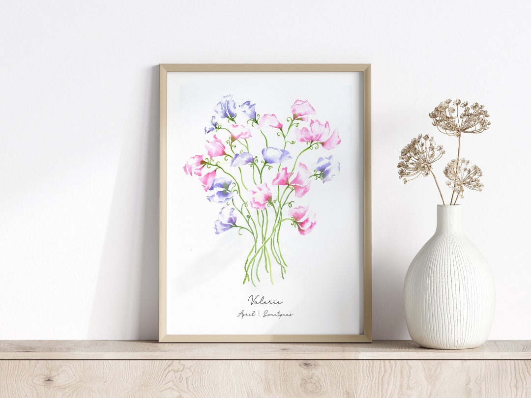 Personalized April Birth Flower Print, Watercolor Sweetpeas Painting ...