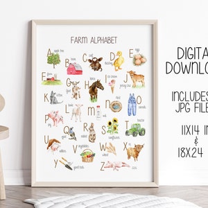Farm Alphabet Printable, Watercolor Farm Alphabet, Farm Animal Alphabet ...