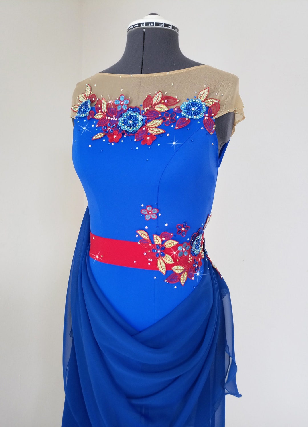 Convertible Dance Costume Blue Red With Flower Sparkly Decoration ...