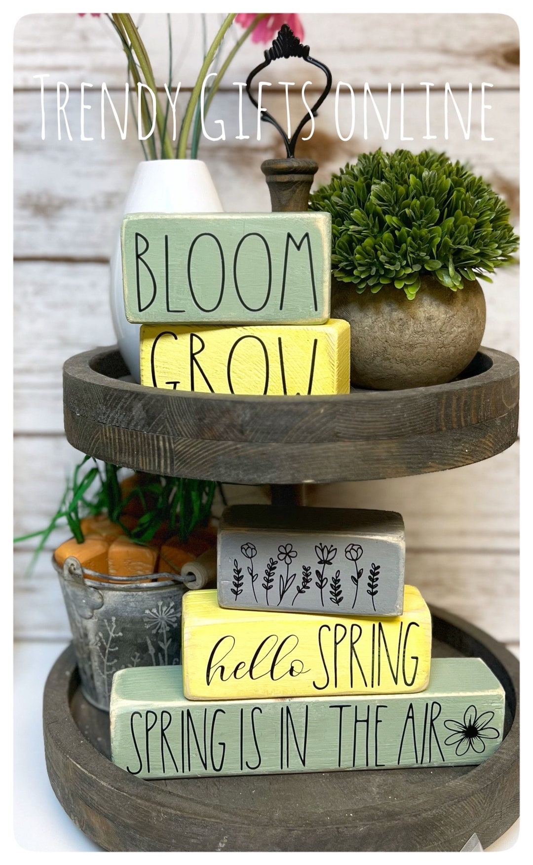 Spring Wooden Blocks Tier Tray Decor Hello Spring/spring is in - Etsy