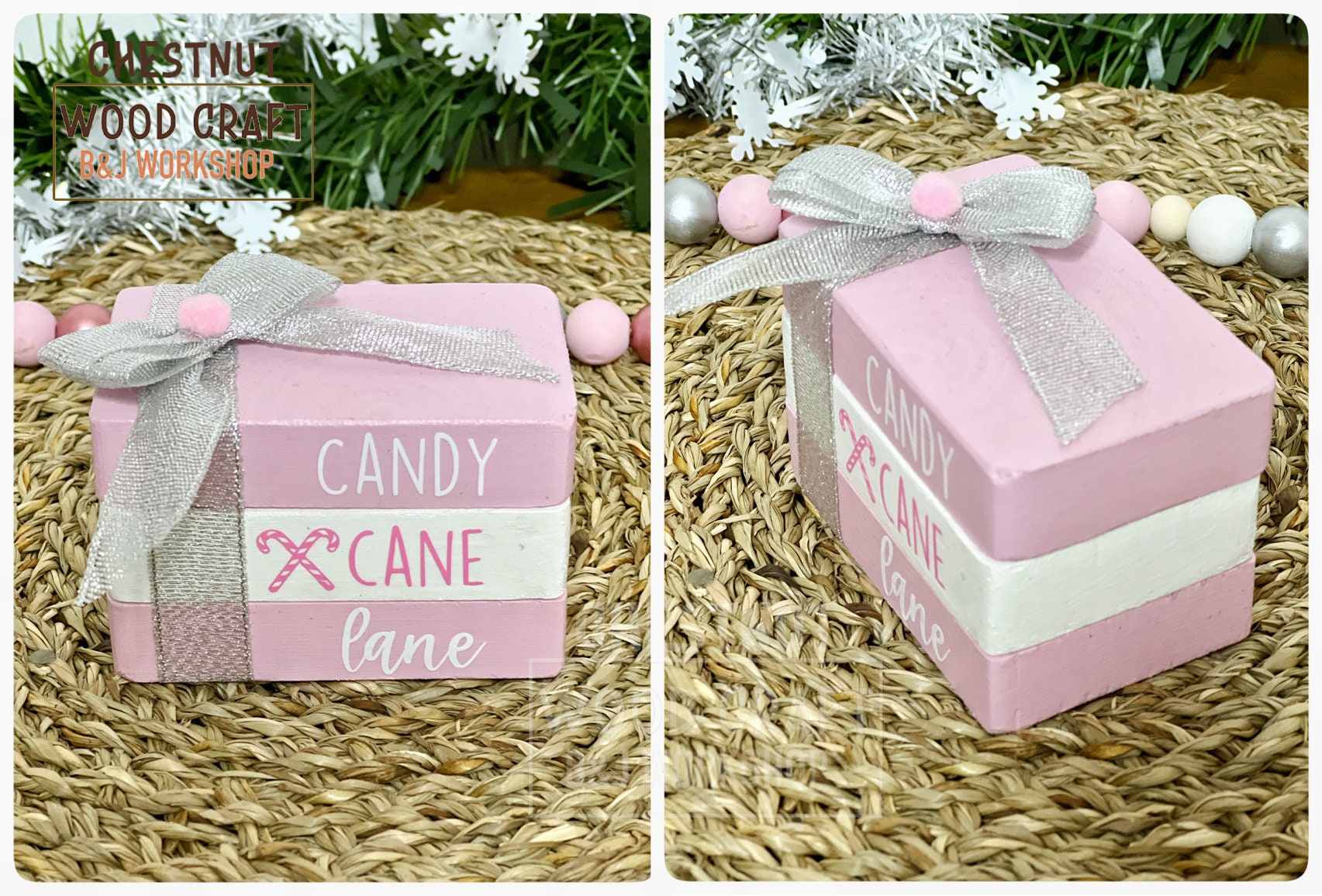 Pink Christmas/winter Tiered Tray Decor Mini Wooden Book Stack Candy ...