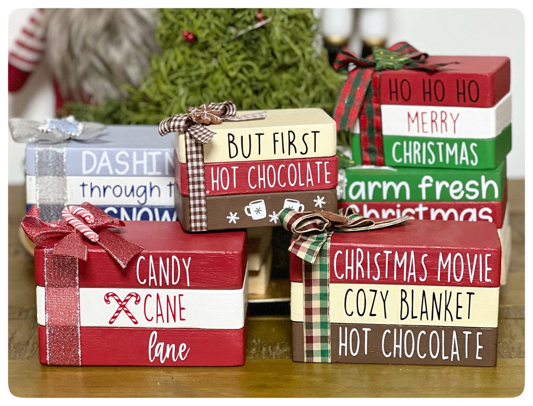 Christmas Mini Book Stack Block Tier Tray Decor Christmas Farmhouse ...