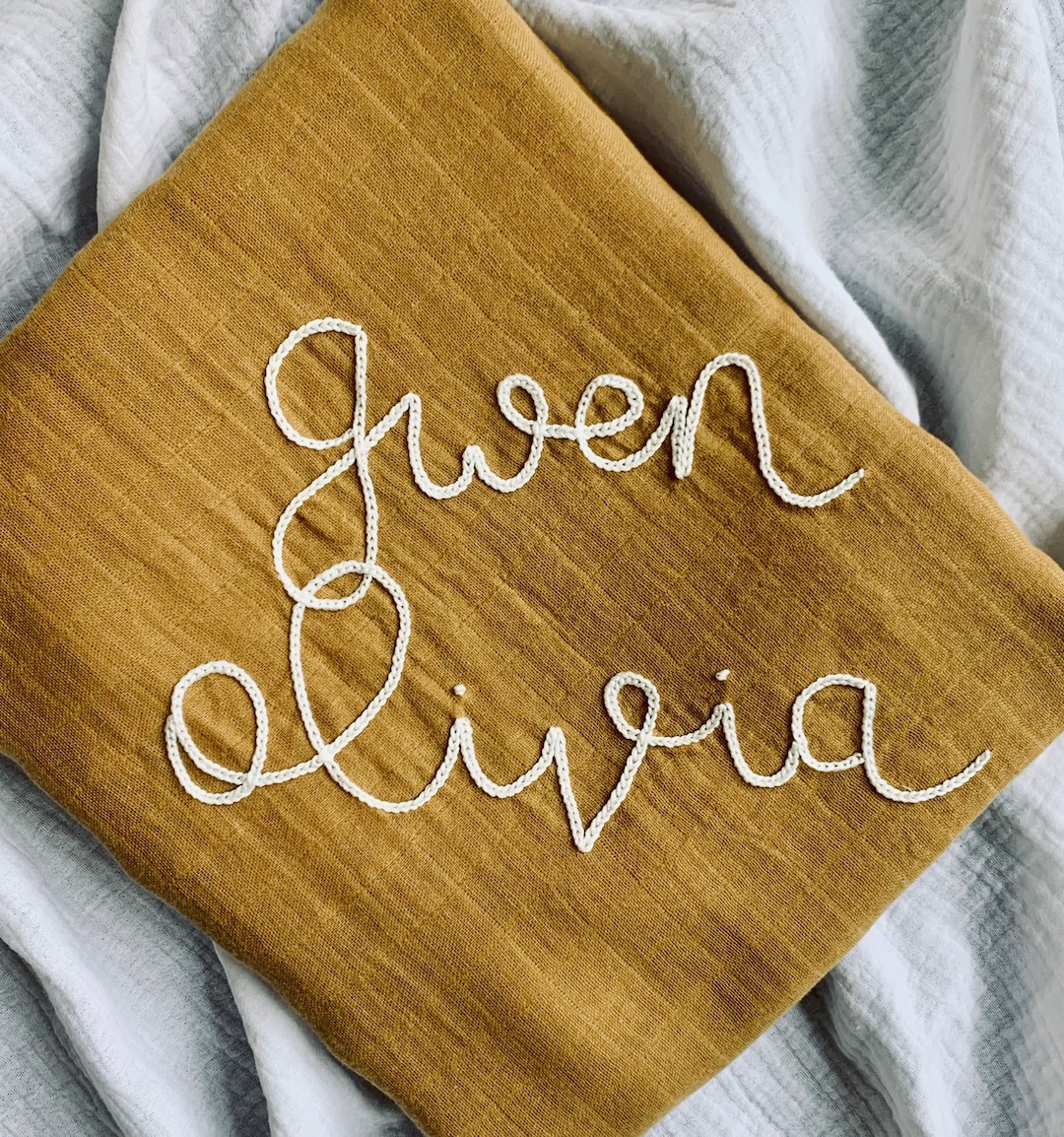 Personalized Hand Embroidered Cotton Muslin Swaddle: BUTTERSCOTCH - Baby Name Announcement, Baby ...