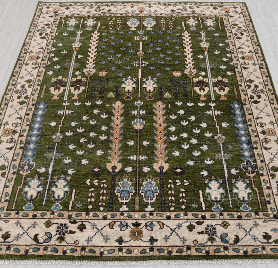 Classic Persian Tree of Life Dark Green Ivory Modern Designer Soft Wool ...