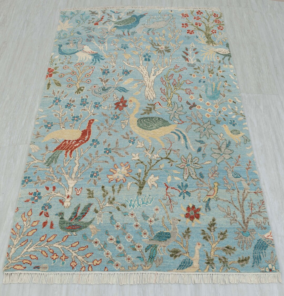 4x6 Small Blue Birds of Paradise and Tree Hand-knotted Oriental Wool ...