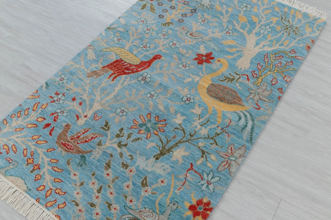 3x5 Rug Living Room Serene Blue Birds & Tree Life 100% Pure Wool Hand ...