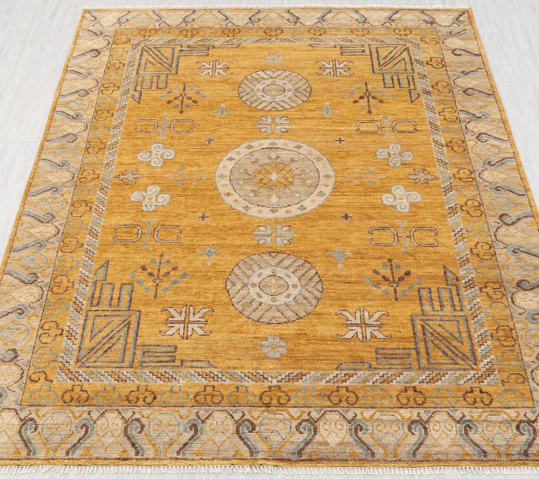 8x10 Persian Style Khotan Mustard Yellow Soft Quality Wool Hand Knotted ...