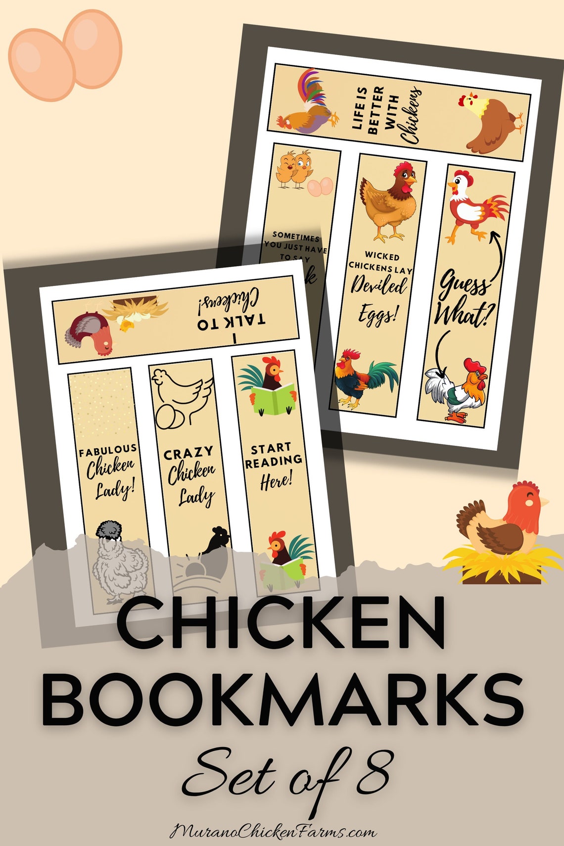Chicken Bookmarks, Set of 8 Bookmarks, Printable Bookmarks, Chickens ...