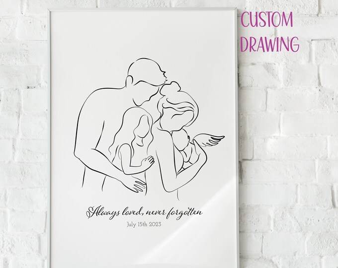 Custom Angel Baby Line Art, Family With Angel Printable, Infant Loss ...