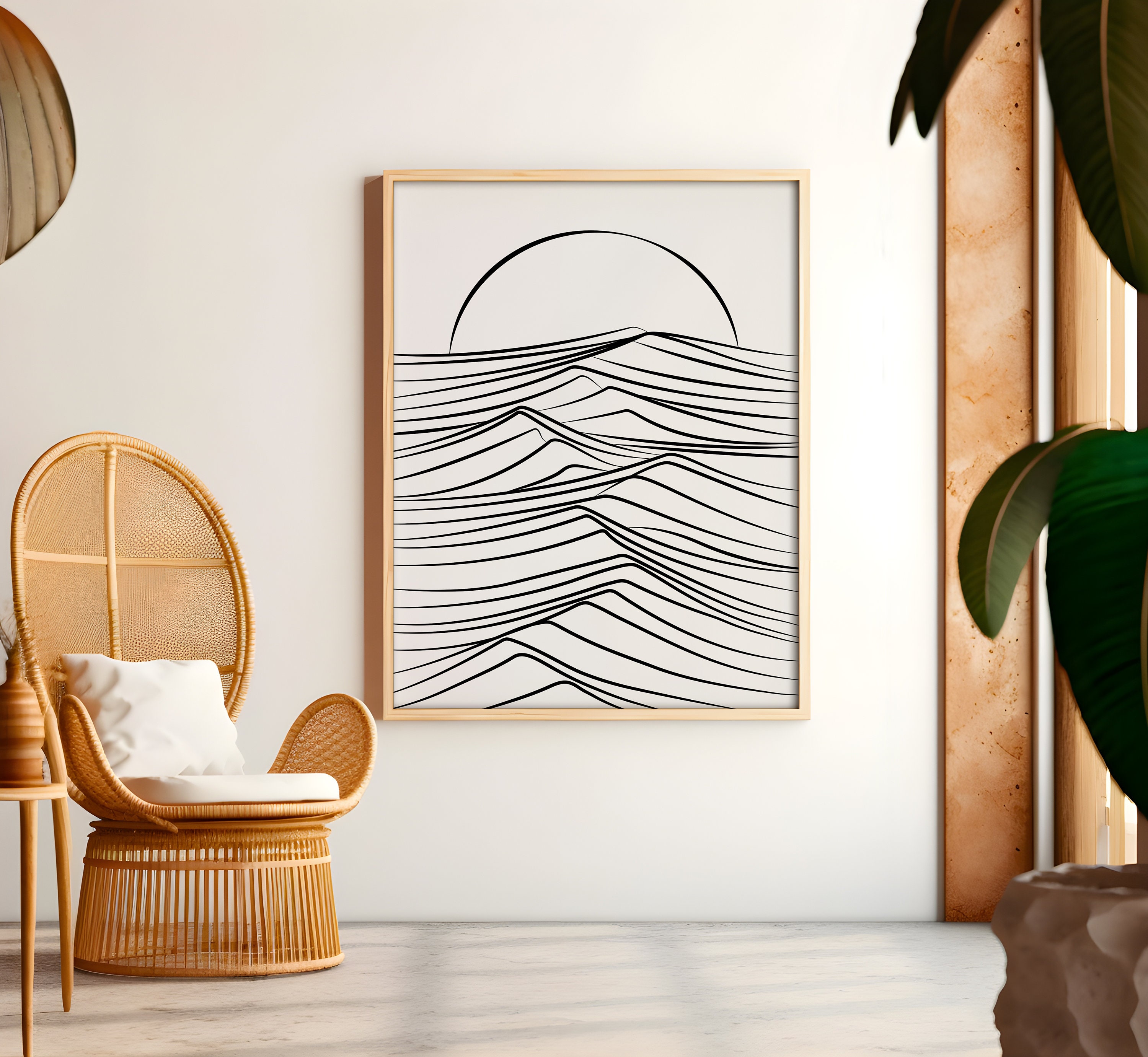 Ocean Waves and Sun Line Art Half Sun Art Print Sunset Home - Etsy