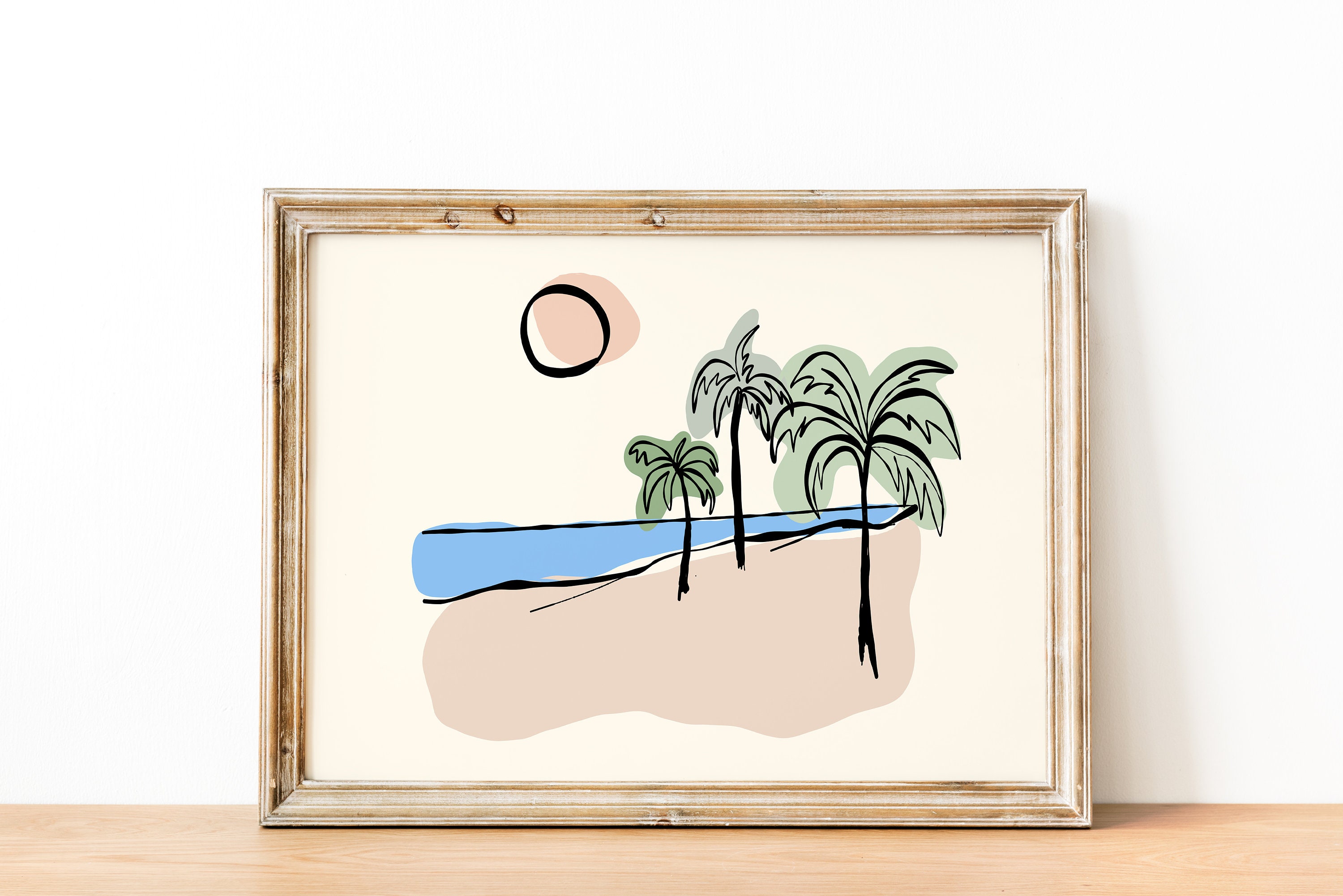 Beach Summer Line Art, Tropical Room Decor, Palm Trees Line Drawing ...