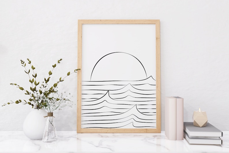 Half Sun With Waves Line Art, Ocean Waves Print, Minimalist Line ...
