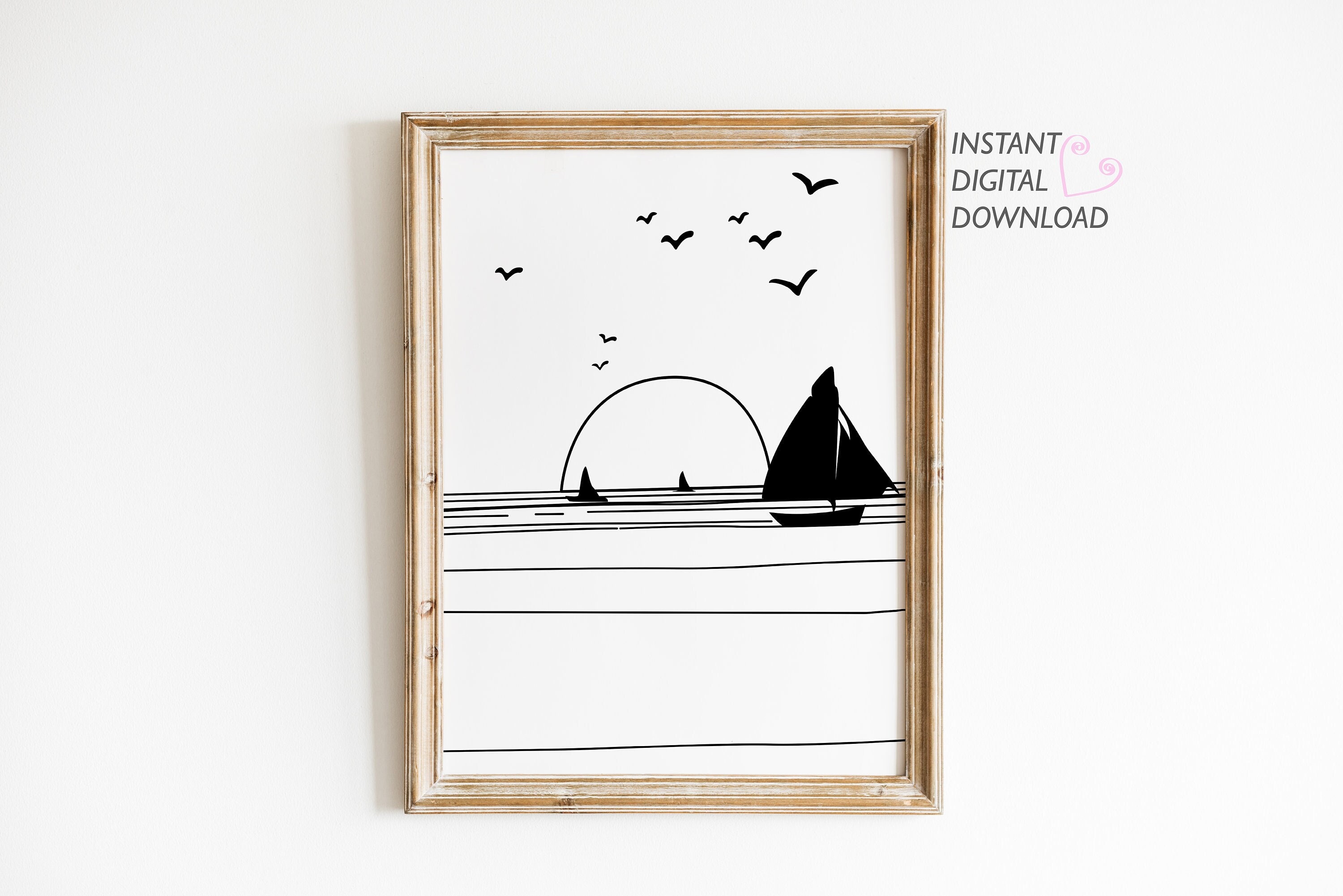 Minimalist Sunset Line Art Ocean Landscape Wall Art Black - Etsy