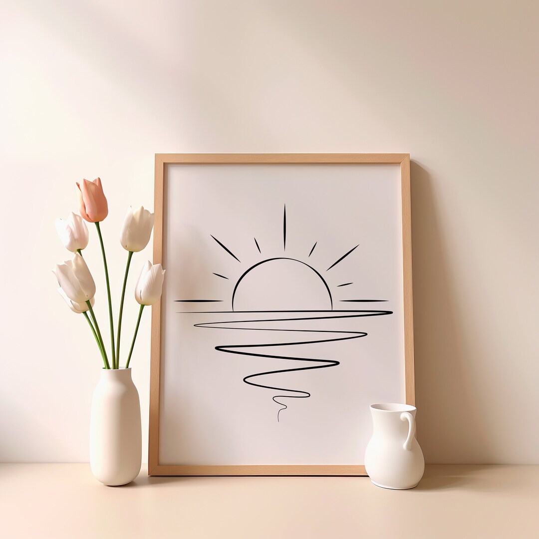 Sun Ocean Waves Line Art, Summer Wall Decor, Printable Wall Art ...