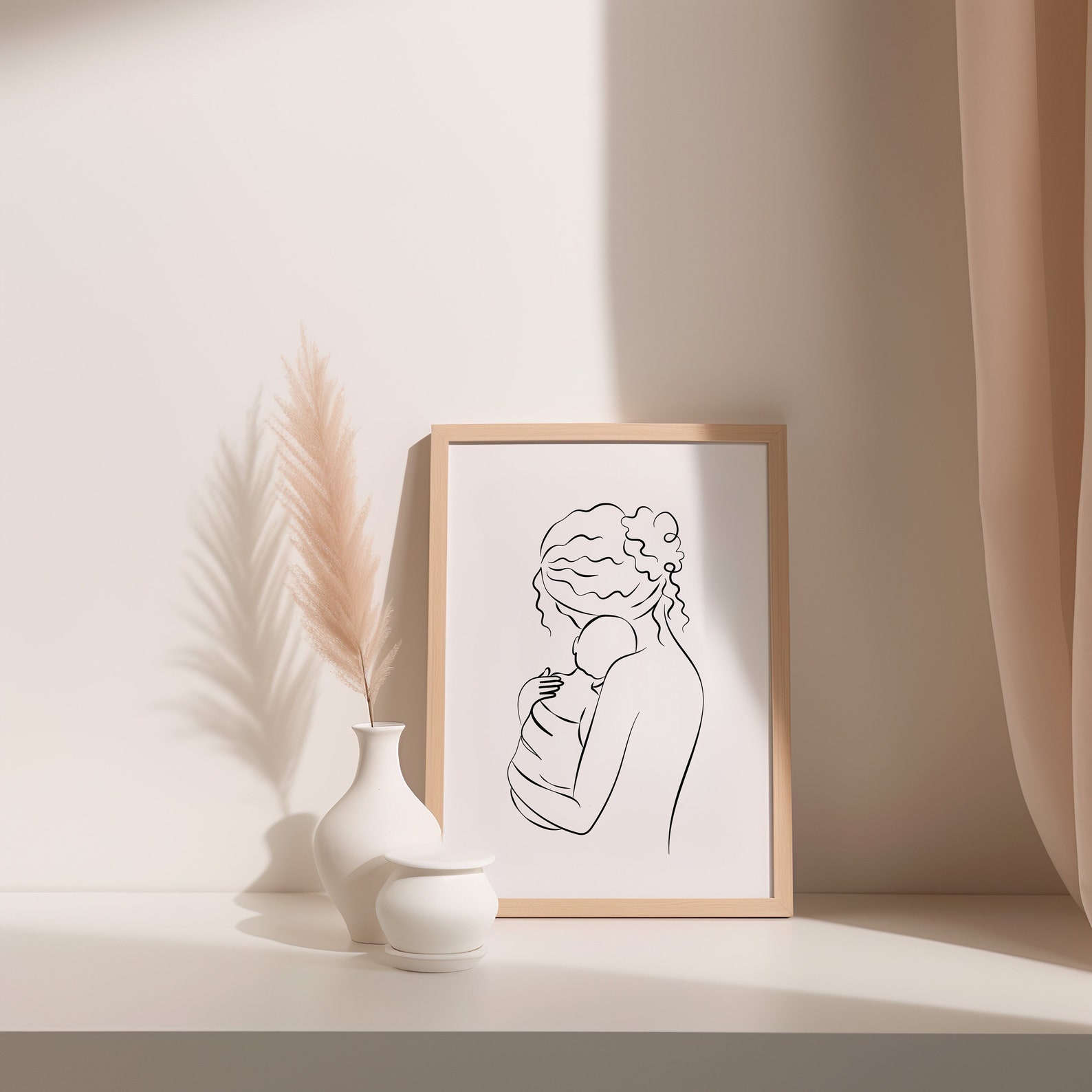 Mom and Baby Line Art, Mother Line Drawing, New Mom Printable, Baby ...