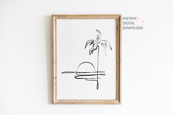 Sunset One Line Drawing Sun and Palm Tree Printable Wall Art - Etsy