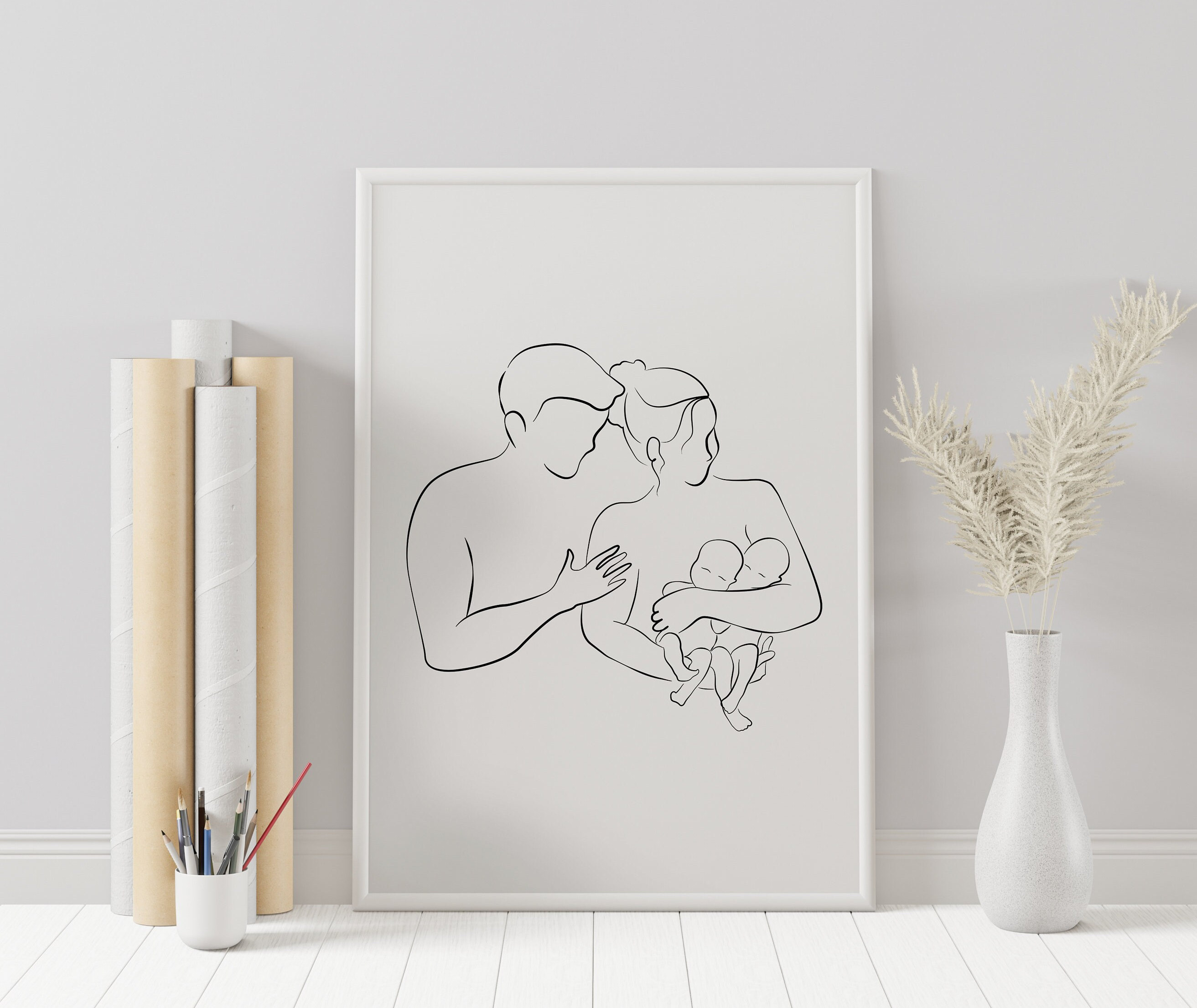 Mom Dad Twins Line Art Family Line Drawing Mom Dad Newborn - Etsy Australia
