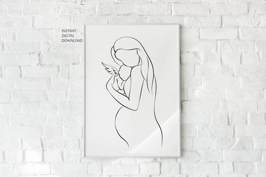 Pregnant Mom Angel Baby Line Art, Mothers Day Gift, Angel Baby ...