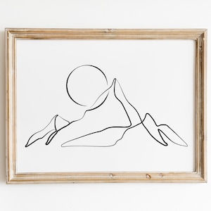 Mountain and Sun Line Art, Minimalist Landscape Print, Mountain Sketch ...