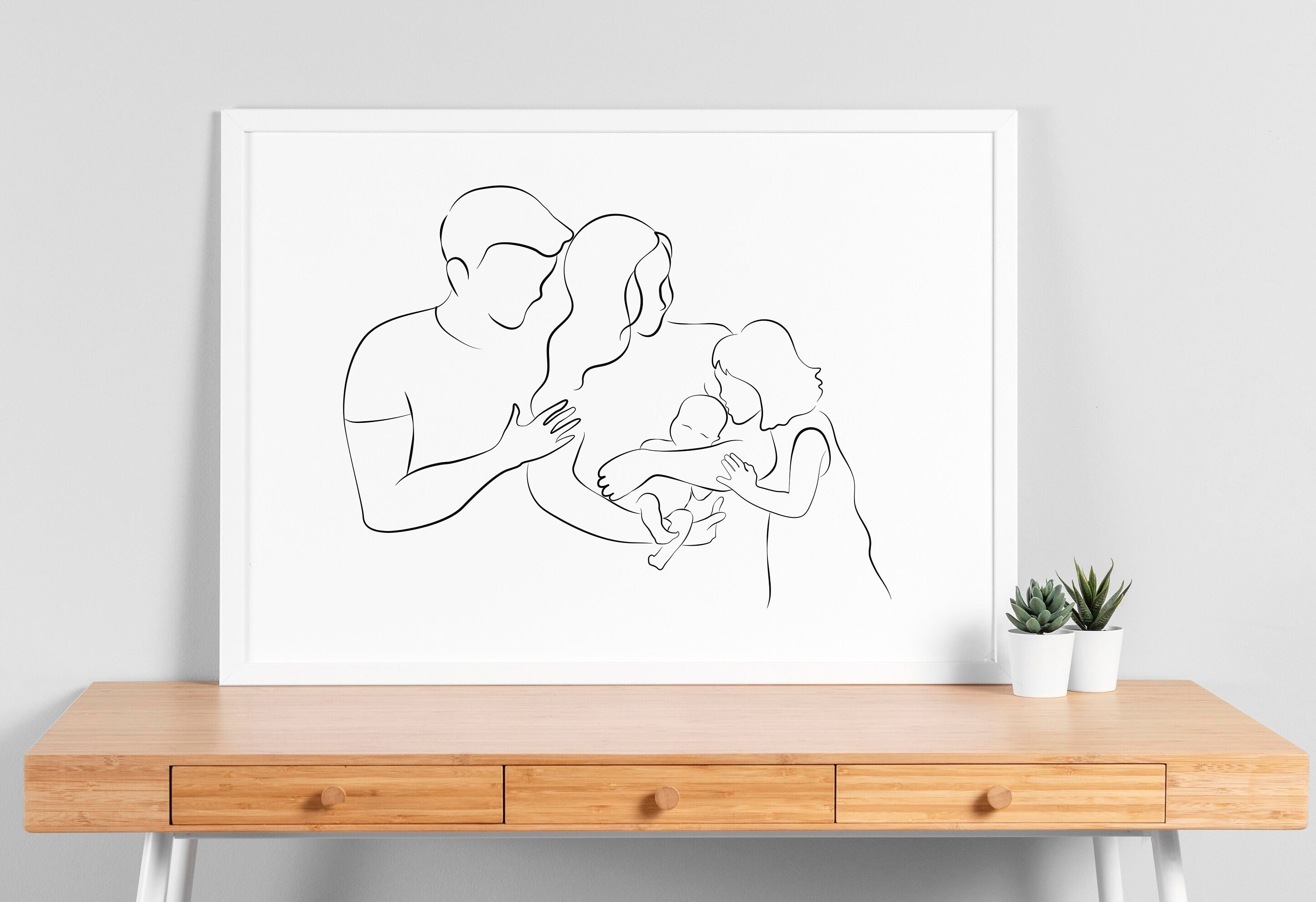 Family With Children Line Art Newborn and Big Sister Wall - Etsy