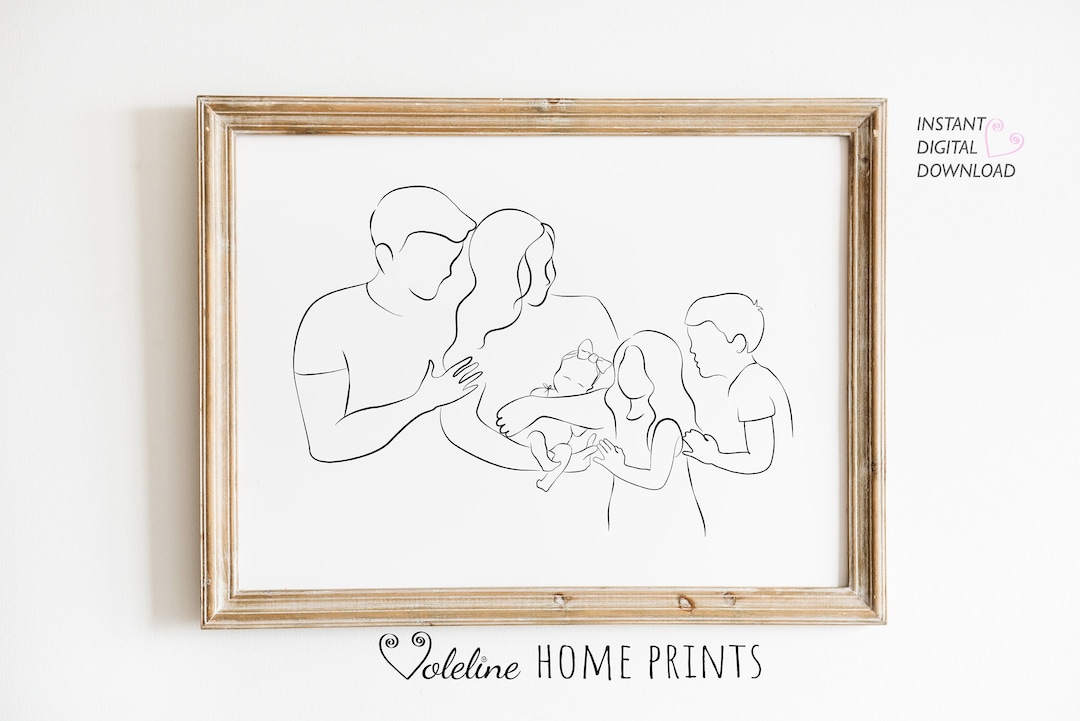 Family of 5 Line Art, Newborn Girl Brother and Sister, Family Portrait ...