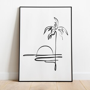Sunset One Line Drawing, Sun and Palm Tree Printable Wall Art ...