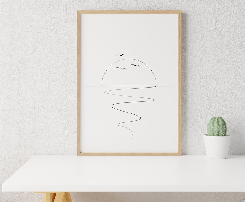 Sun With Ocean Waves Line Art Printable Summer Wall Art - Etsy