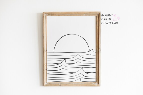Half Sun With Waves Line Art Ocean Waves Print Minimalist - Etsy