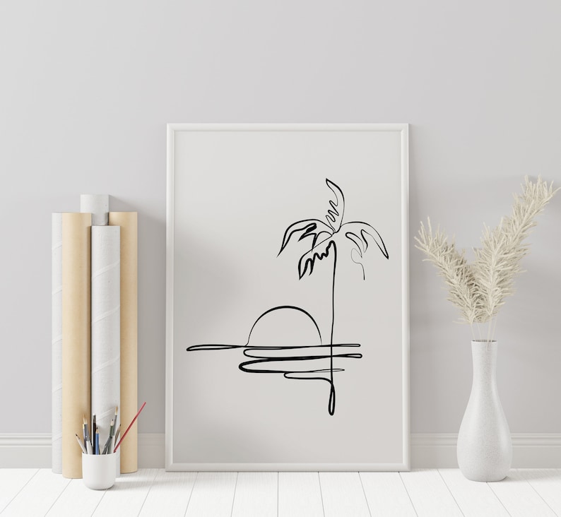Sunset One Line Drawing Sun and Palm Tree Printable Wall Art - Etsy