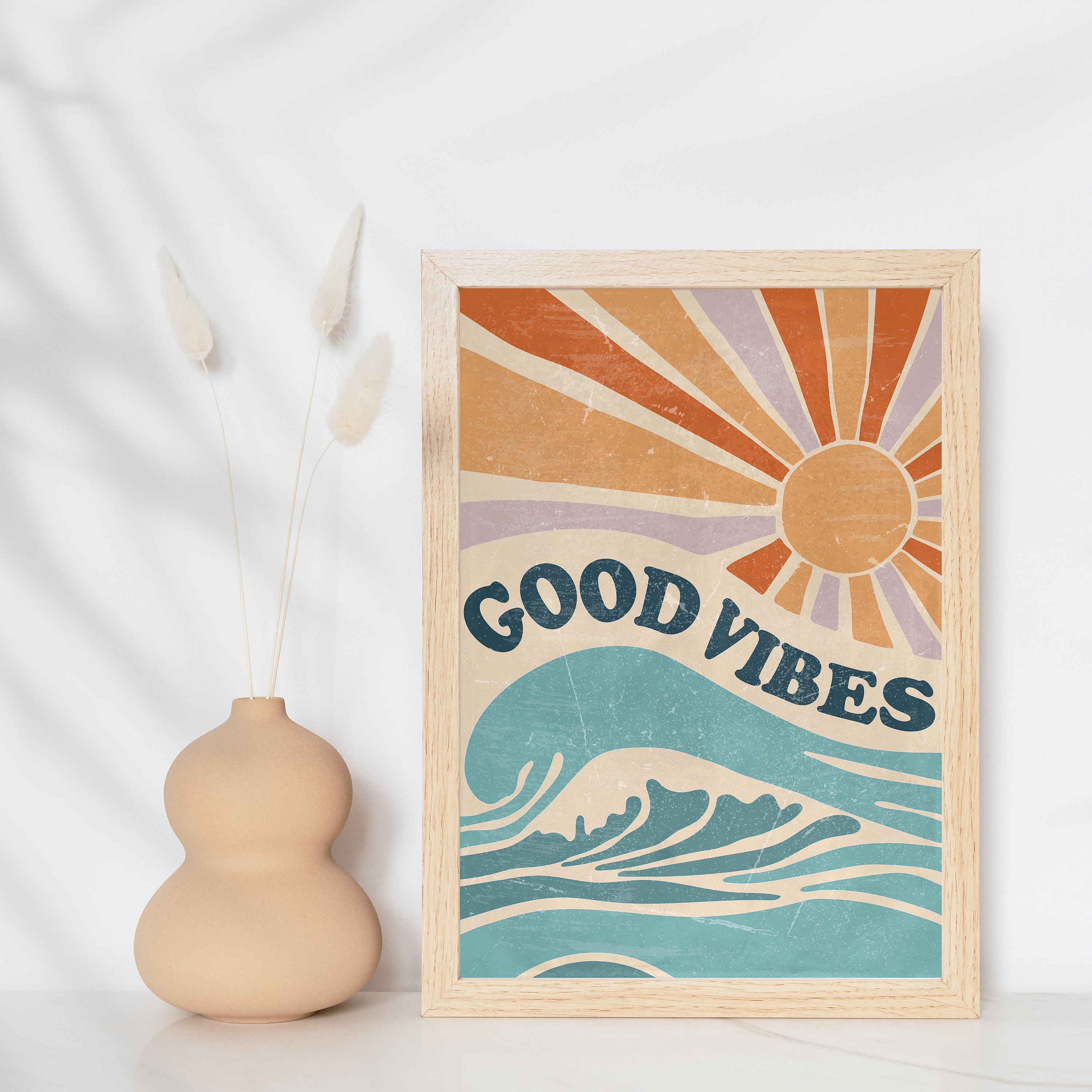 Good Vibes Art Print, Ocean Waves Wall Art, Retro Sun Home Decor, Boho ...