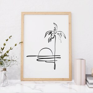 Sunset One Line Drawing, Sun and Palm Tree Printable Wall Art ...