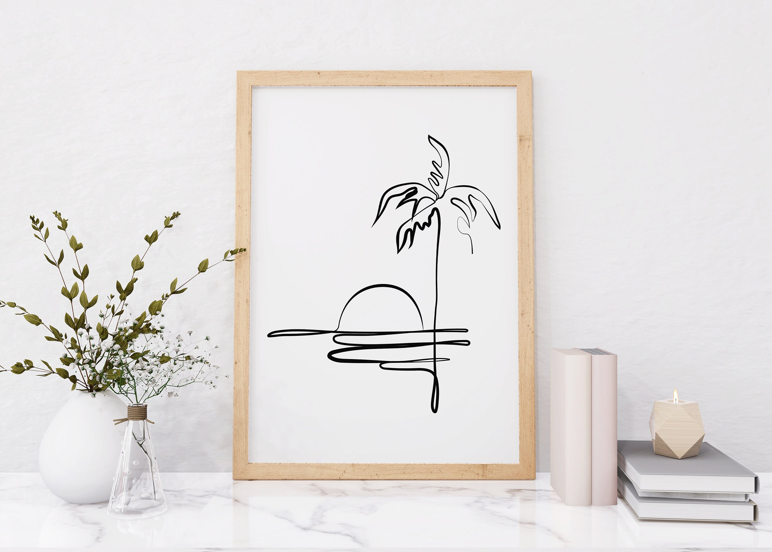 Sunset One Line Drawing Sun and Palm Tree Printable Wall Art - Etsy