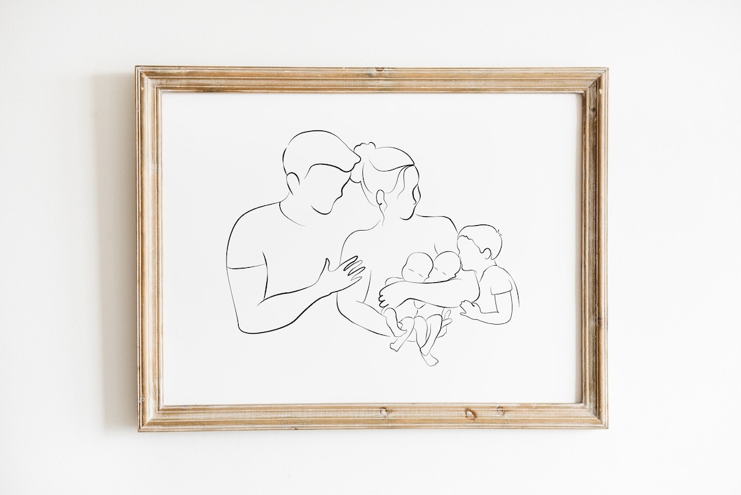 Mom Dad Son and Twins Line Art, Family Line Drawing, Newborn Twins and ...