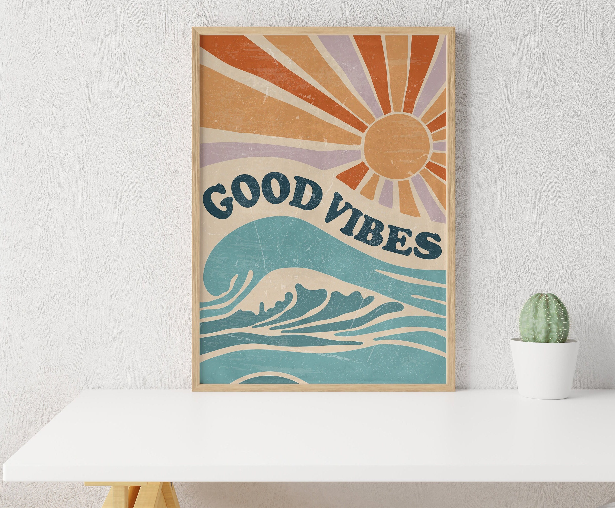 Good Vibes Art Print, Ocean Waves Wall Art, Retro Sun Home Decor, Boho ...