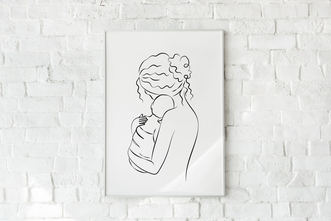 Mom and Baby Line Art, Mother Line Drawing, New Mom Printable, Baby ...