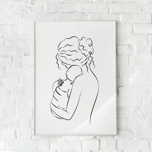 Mom and Baby Line Art, Mother Line Drawing, New Mom Printable, Baby ...