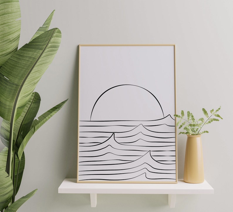 Half Sun With Waves Line Art, Ocean Waves Print, Minimalist Line ...