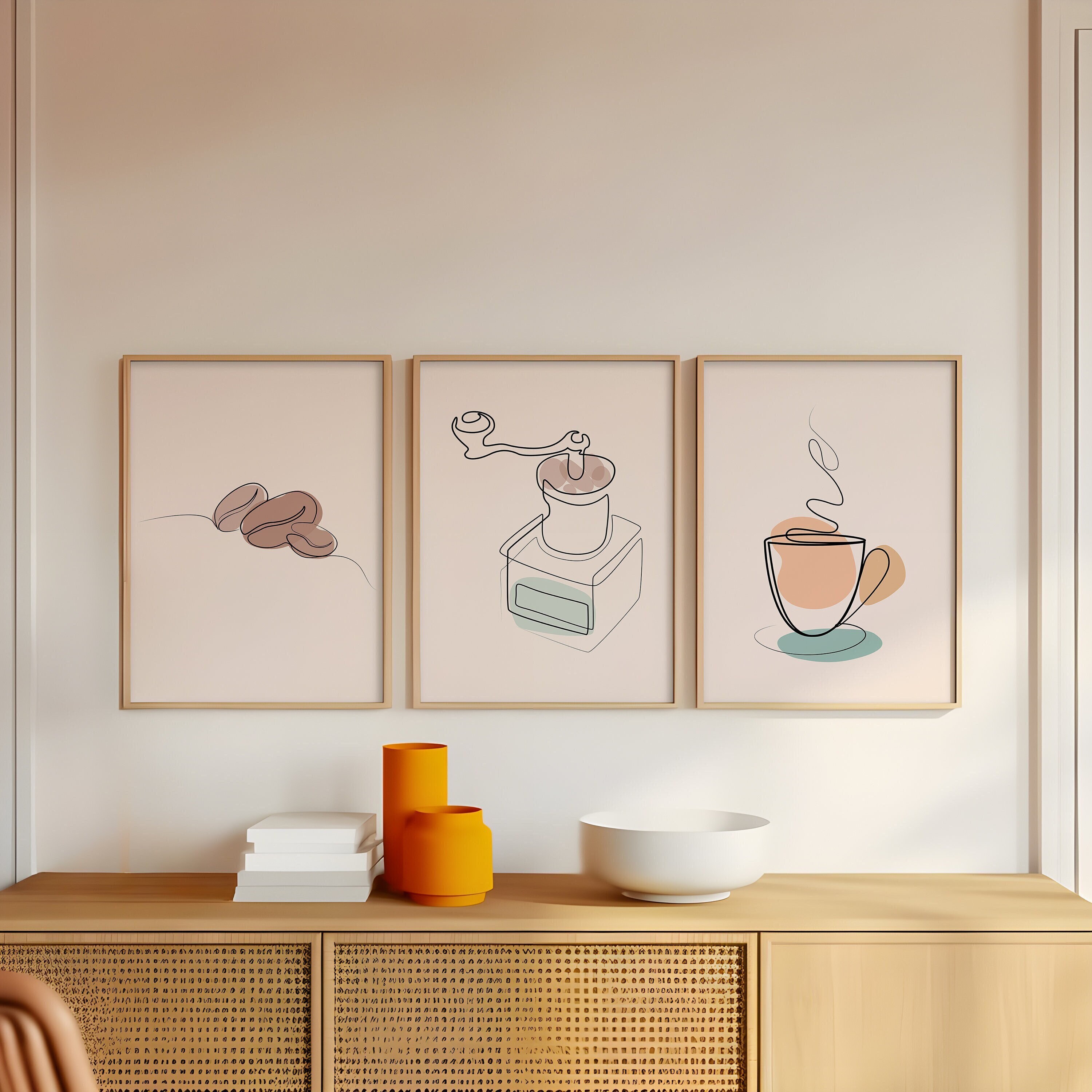 Coffee Wall Art Set of 3, Kitchen Wall Art Decor, Coffee Line Art Print ...