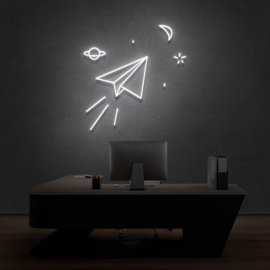 Celestial Space, Paper Plane, Saturn and Stars Neon Sign for Bedroom ...