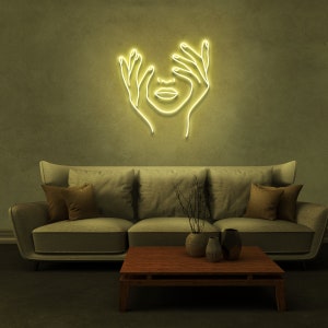Neon Sign Line Art Woman Face, Female Face Neon Light, Neck and Hands ...