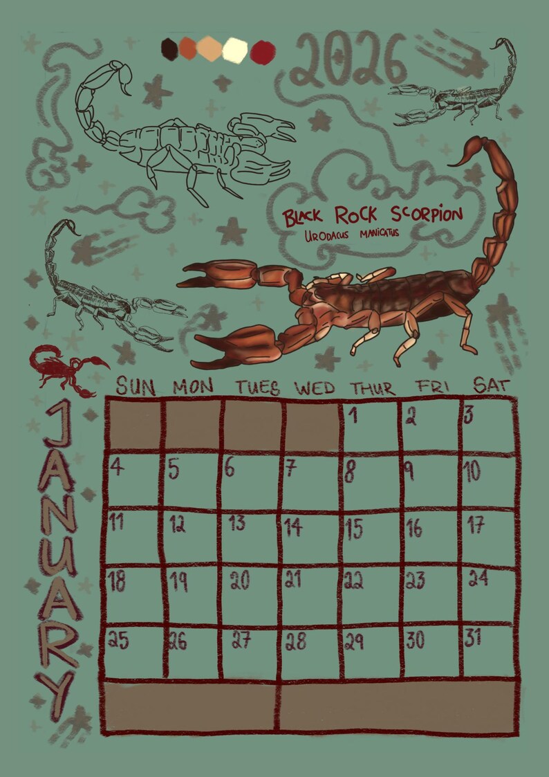 2026 Clalendar, January, Digital Illustration, Scorpion Art - Etsy