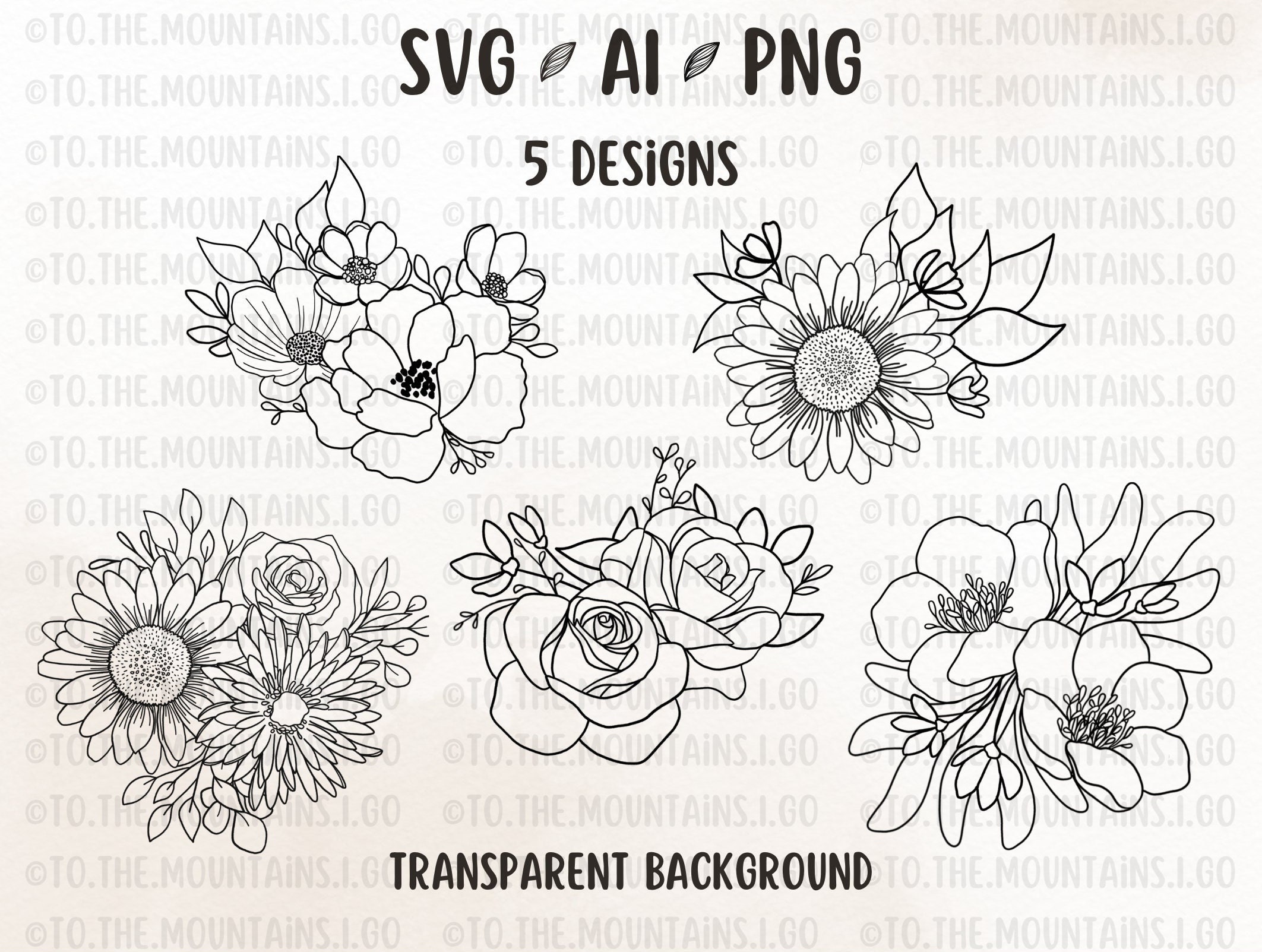 Flower Line Art Svg Bundle for Cricut Rose Line Art Svg Sunflower Line ...