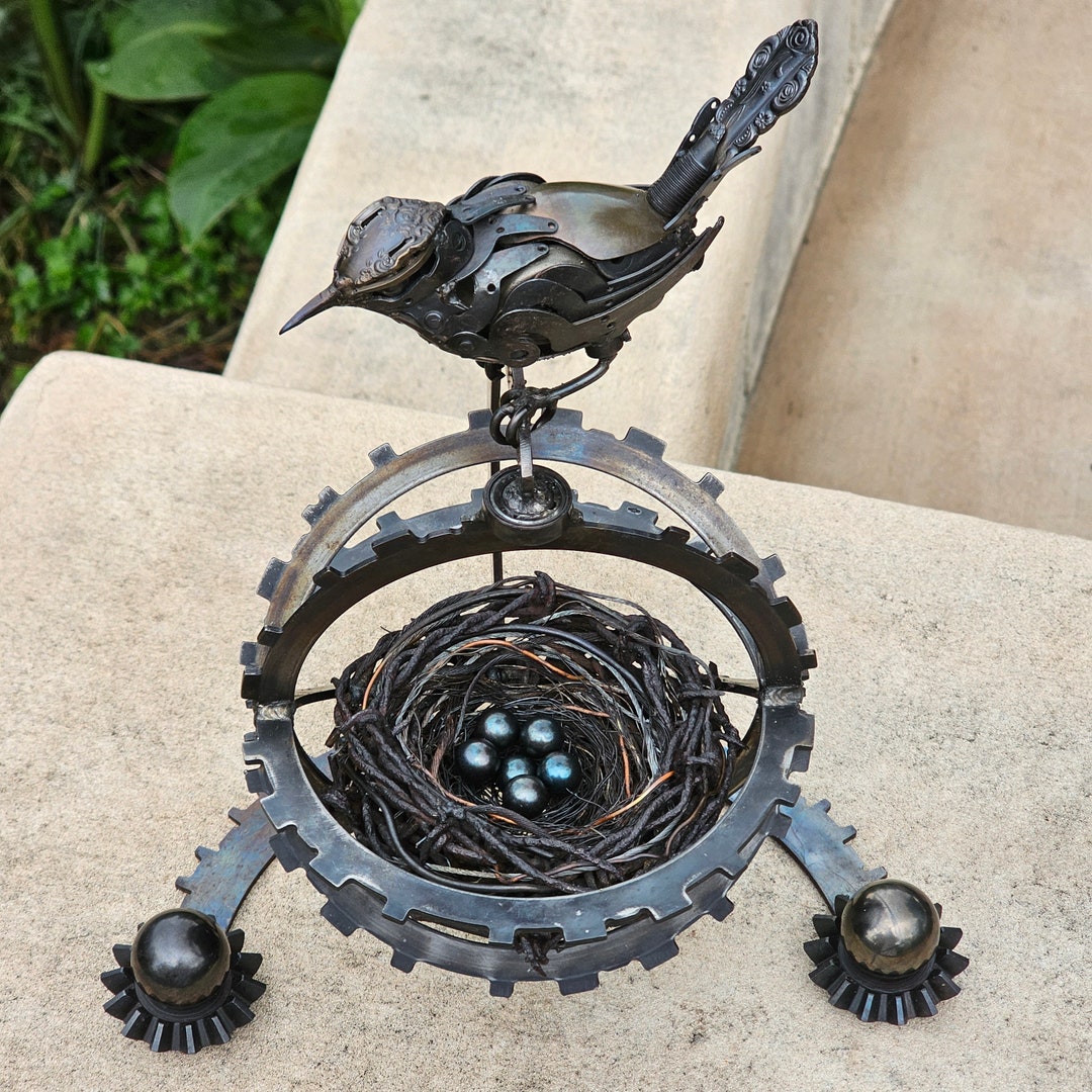 Scrap Metal Art Bird Sculpture Wren Statue Steampunk Bird Nest - Etsy