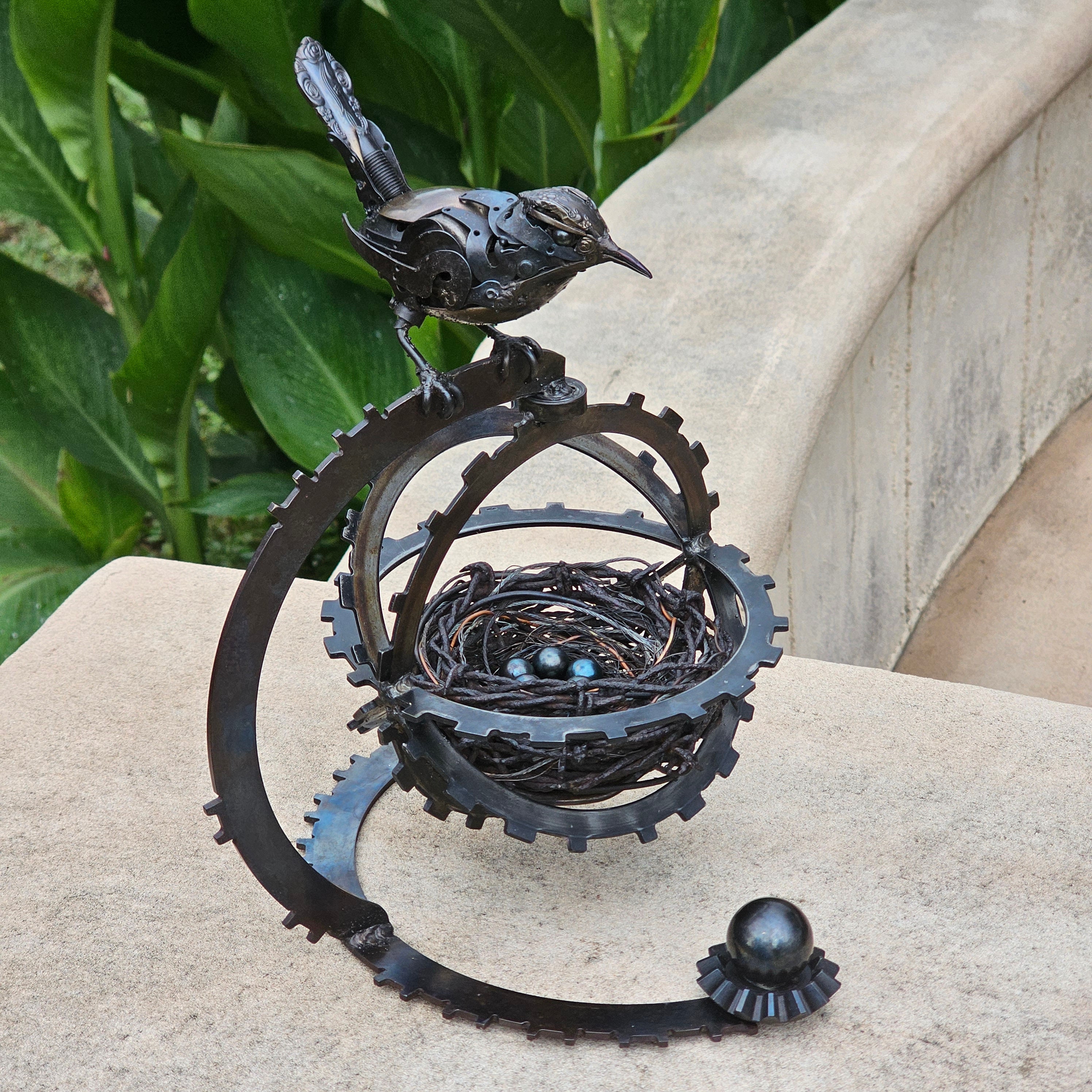Scrap Metal Art Bird Sculpture Wren Statue Steampunk Bird Nest - Etsy
