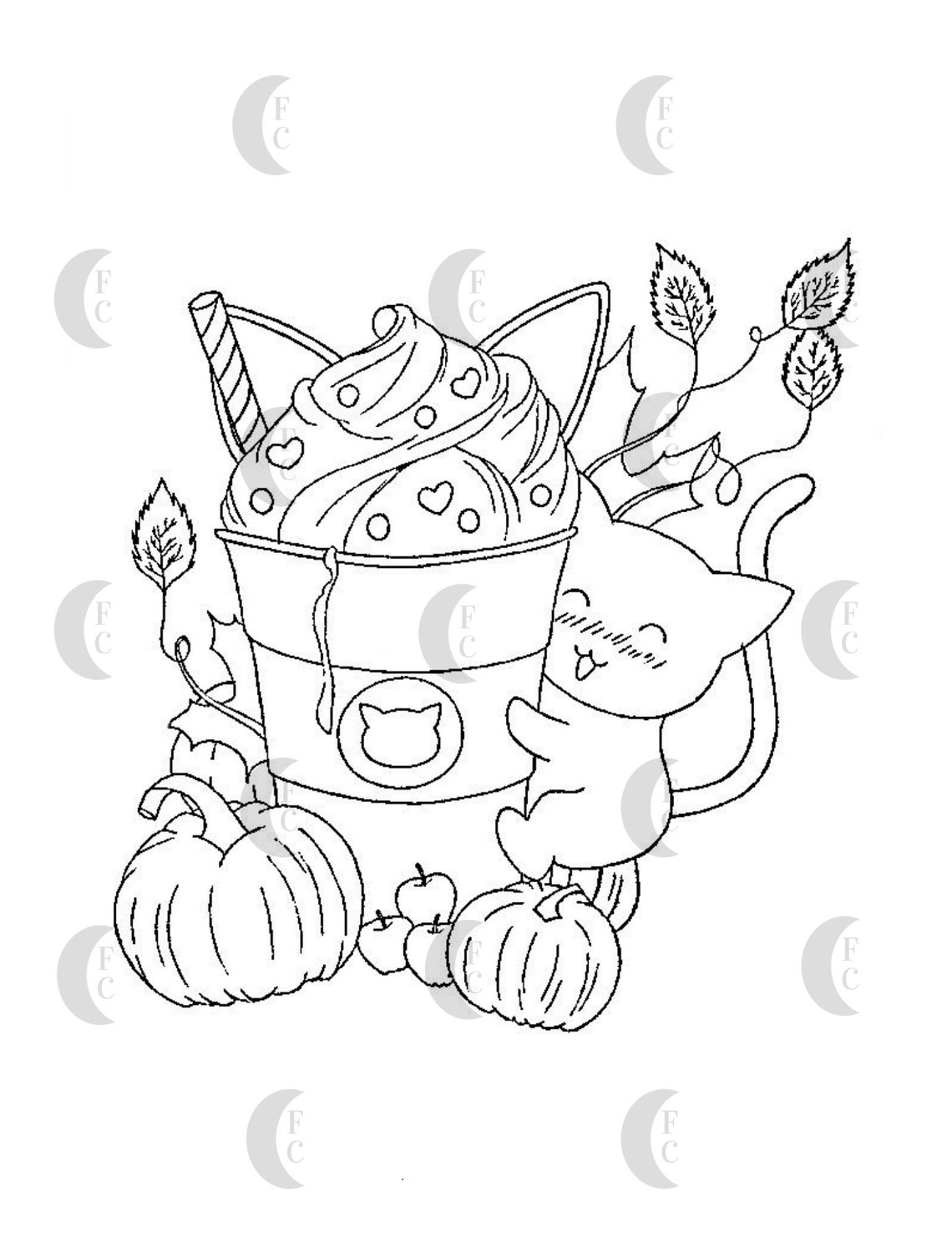 Digital Coloring Page Pumpkin Spice Latte Kitty Halloween - Etsy