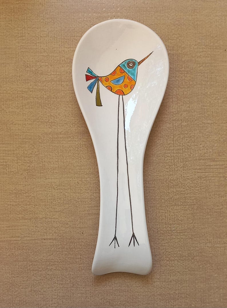 Hand Painted Ceramic Spoon Rest, Whimsical Bird Illustration Artistic ...