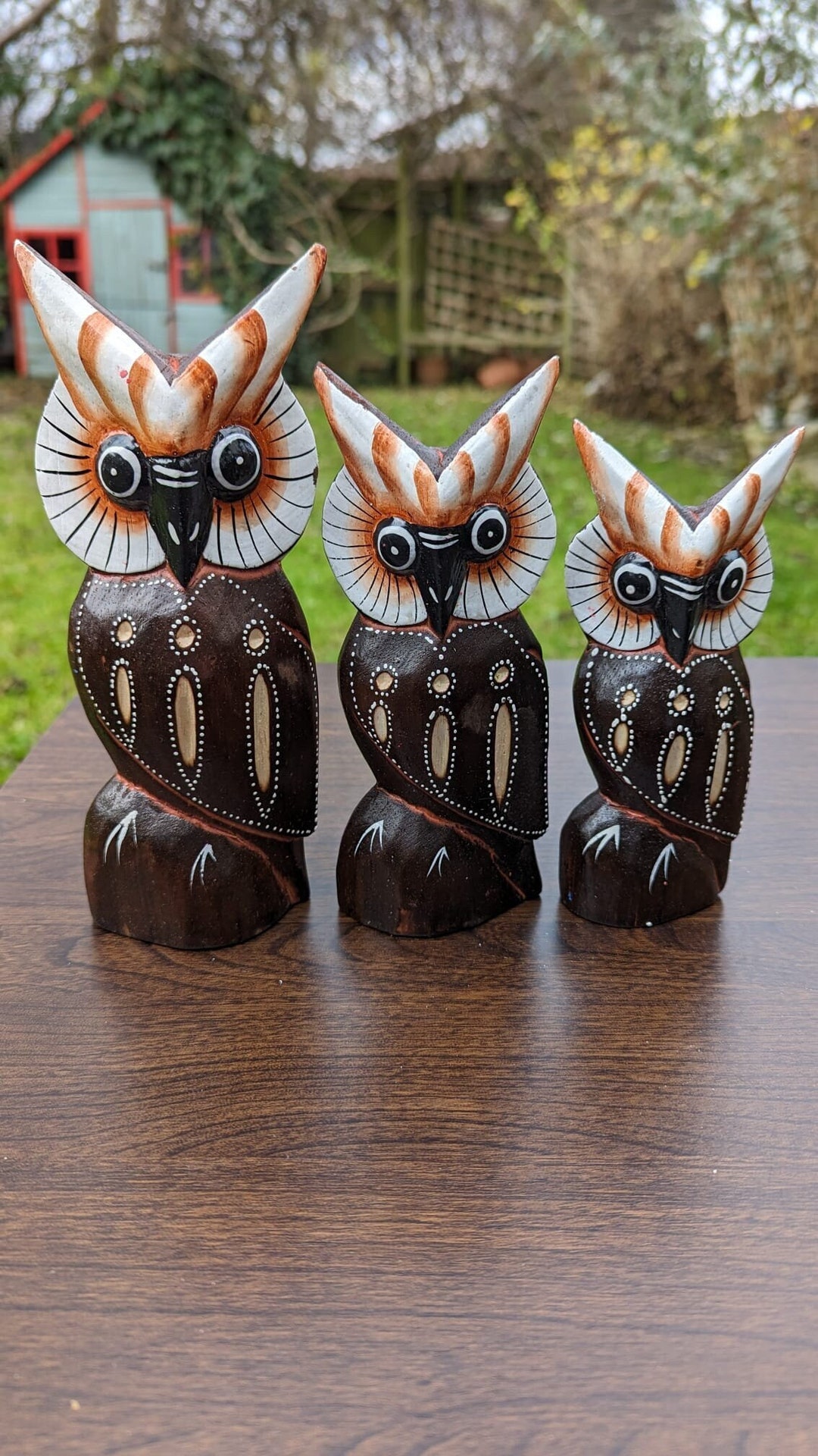 Set of 3 Cute Owls Figure Carved Wooden Home Decoration Painted 21-18 ...