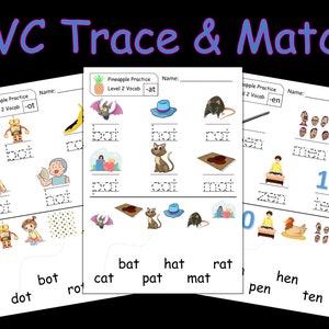 English Vocab Matching & Tracing Practice Short Vowel CVC Worksheet Set ...
