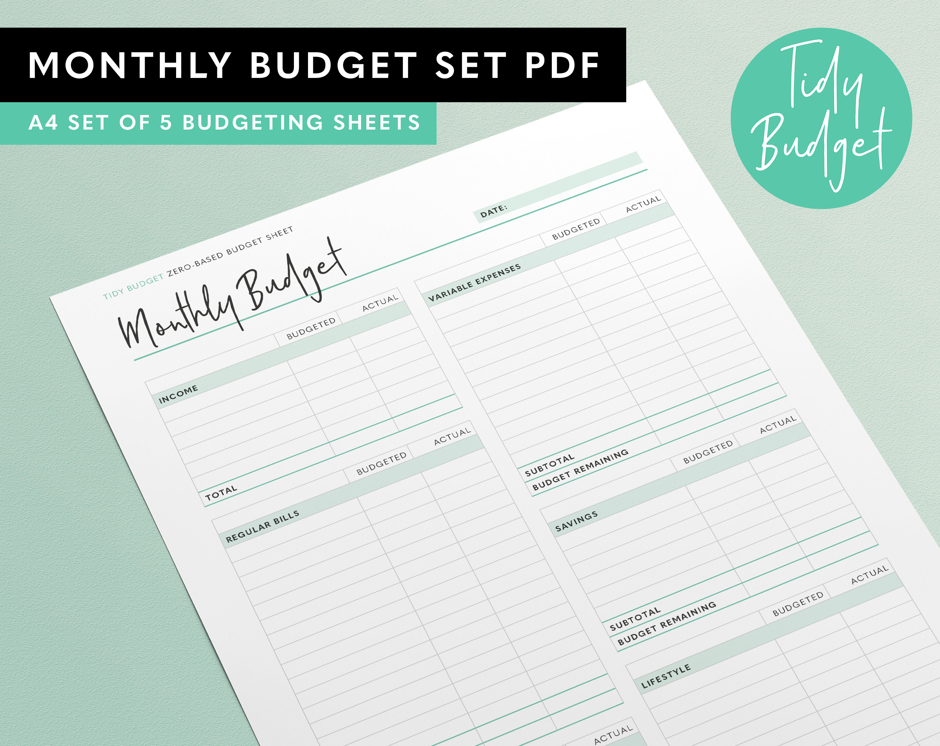Monthly Budget A4 PDF Set of 5 Worksheets - Zero Based Budgeting PDF ...
